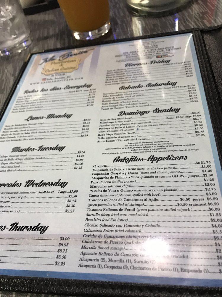 Menu at Isla Bonita restaurant, West New York