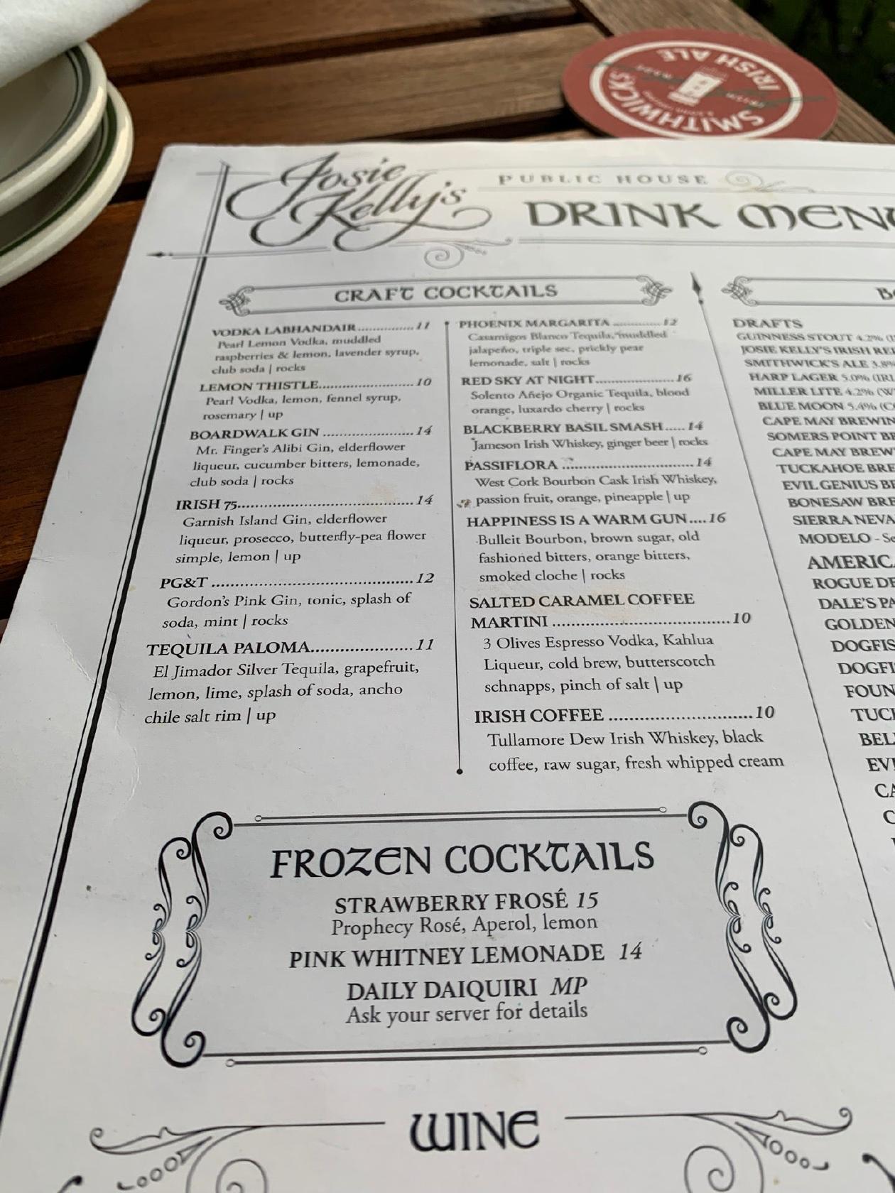 Menu at Josie Kelly's Public House, Somers Point