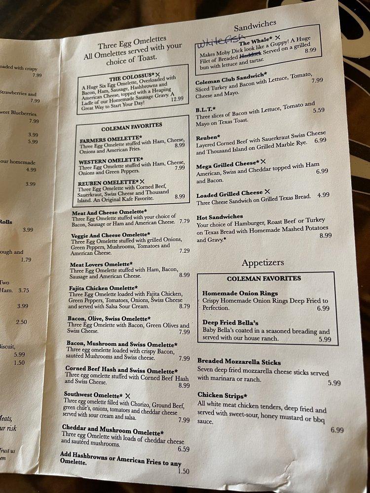 Menu at Leah's Korner Kafe restaurant, Coleman