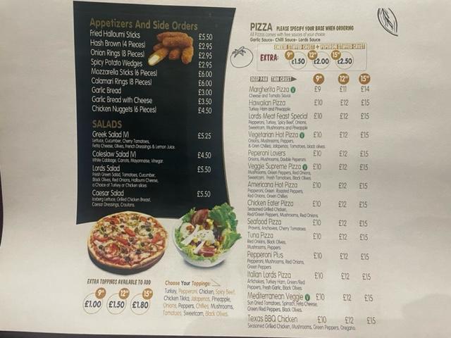 Menu at Lords Burger and Pizza restaurant, London
