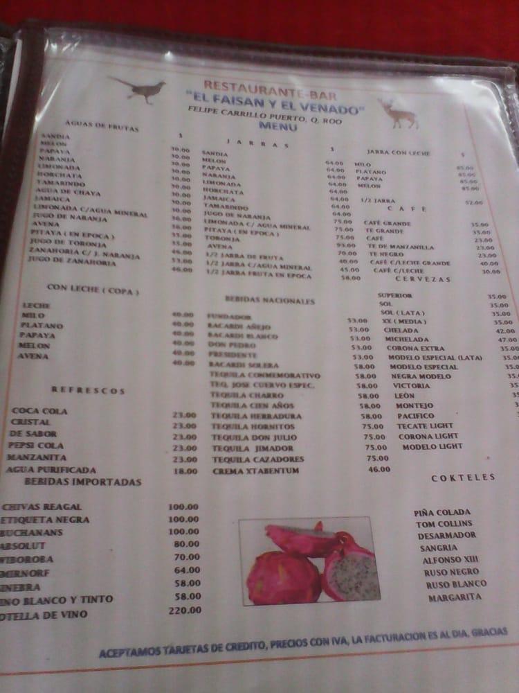 Menu at Restaurante El Faisan Y El Venado, Felipe Carrillo Puerto, Av ...