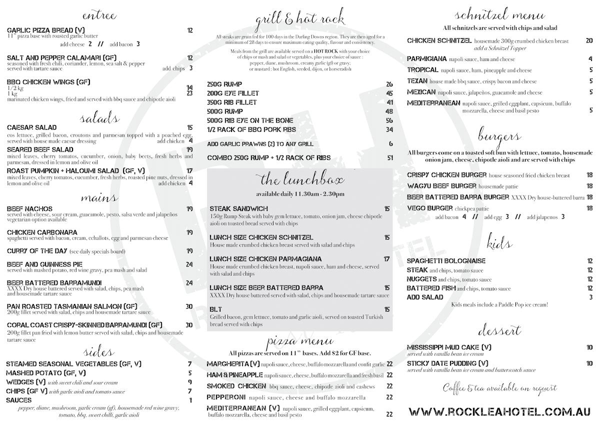 Menu at Rocklea Hotel pub & bar, Rocklea, Ipswich Rd