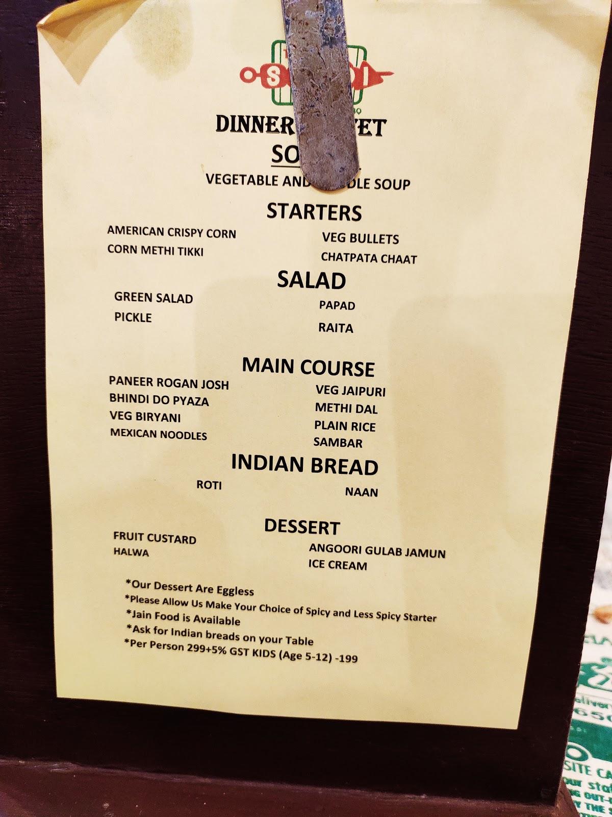 Menu at The Sigdi, Vijayapura
