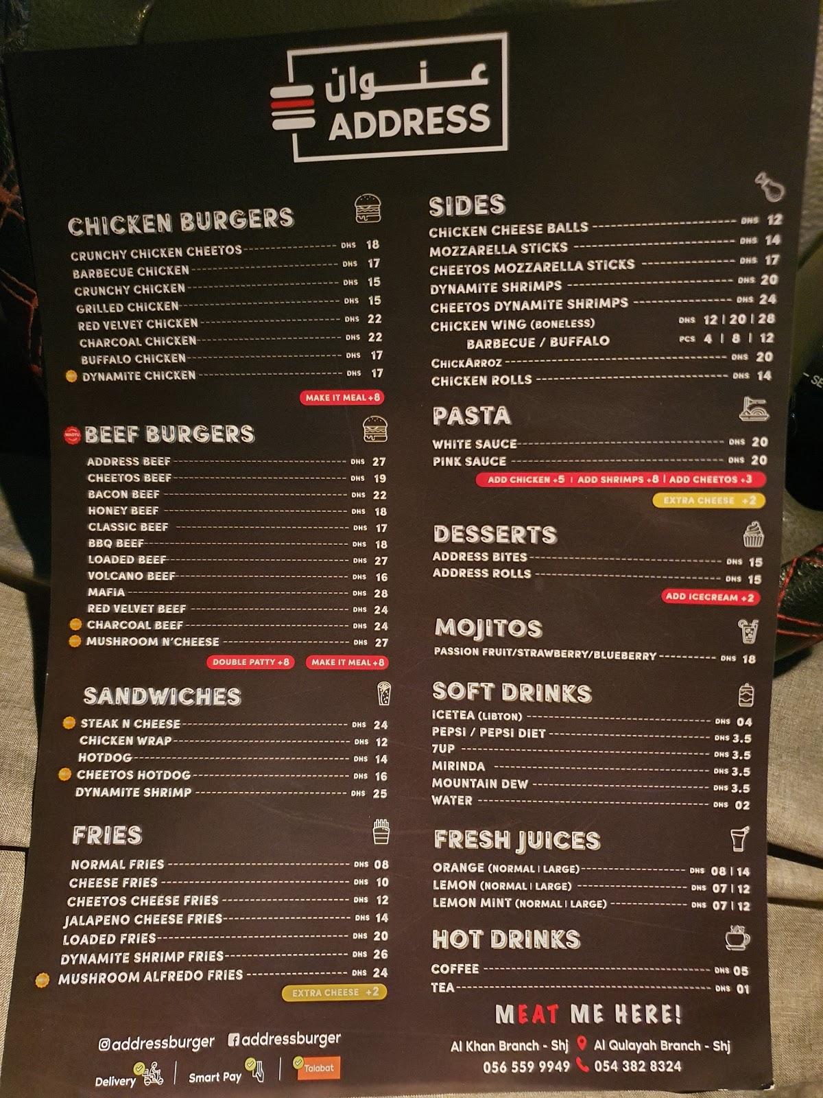 Menu at Address burger restaurant, Sharjah, Al Sharq St