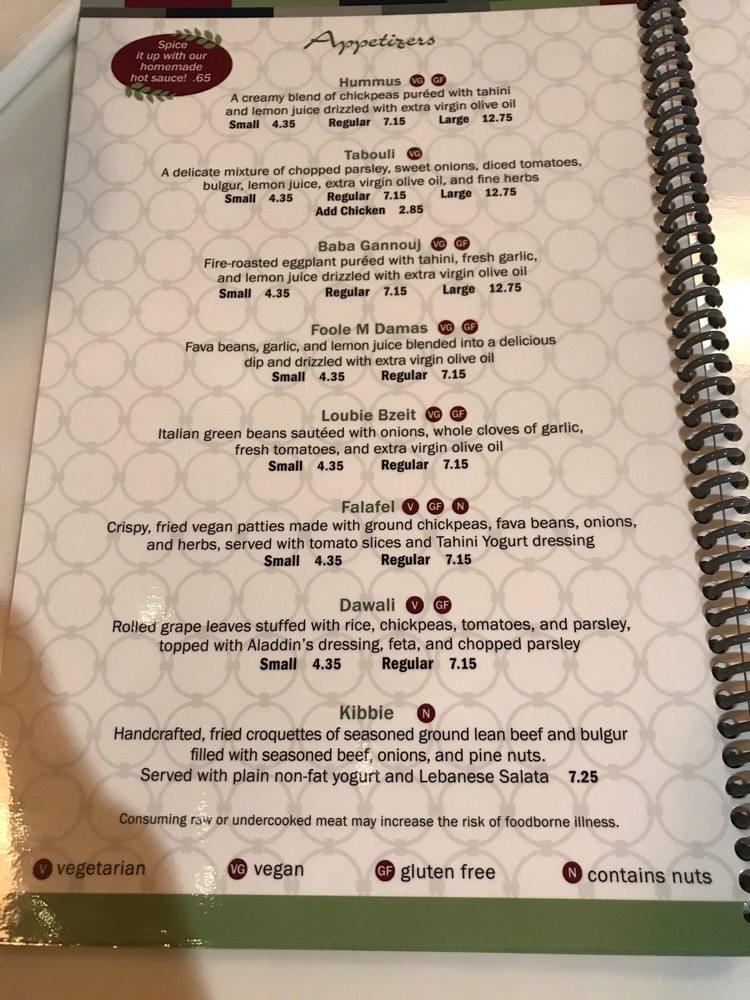 Menu at Aladdin's Eatery + Lounge restaurant, Cincinnati, Main St #100
