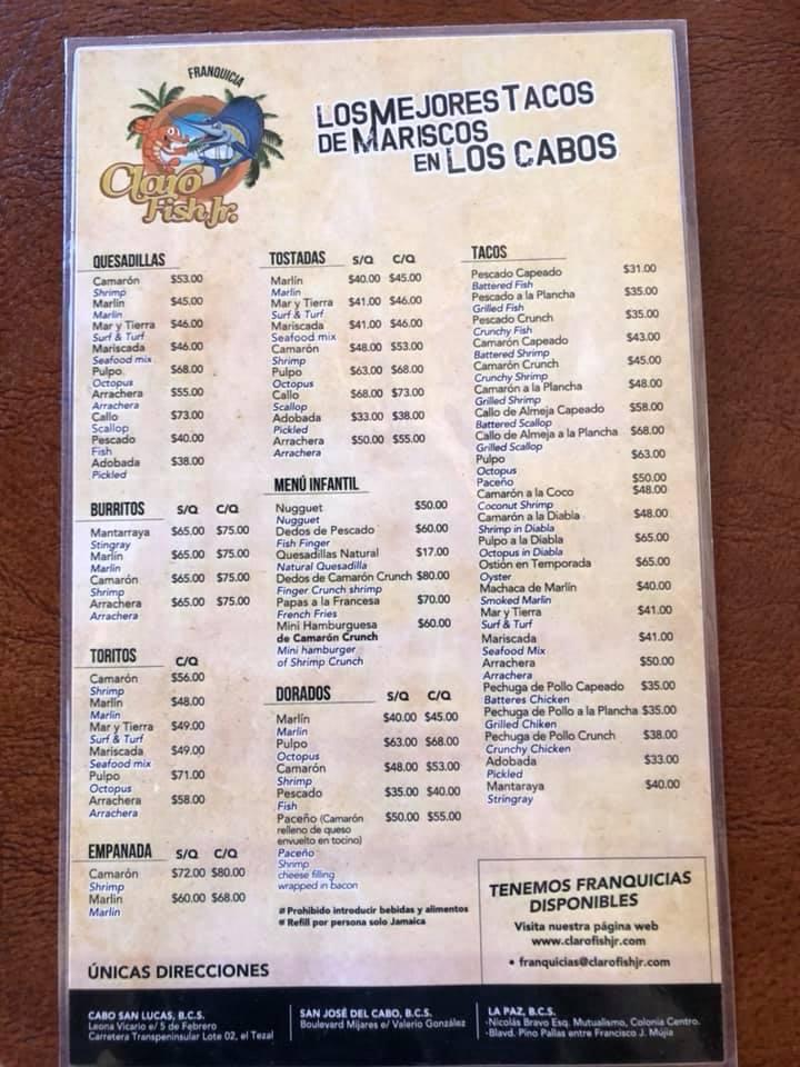Menu at Claro Fish jr restaurant, La Paz