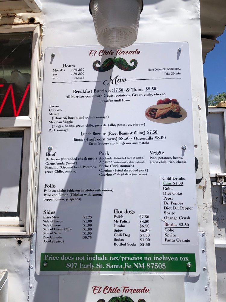 Menu at El Chile Toreado fast food, Santa Fe