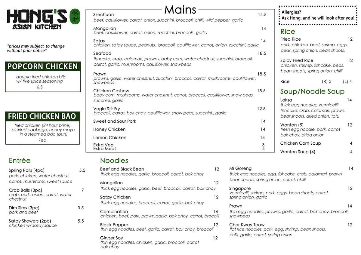 Menu at Hong’s Asian Kitchen restaurant, Carrum Downs