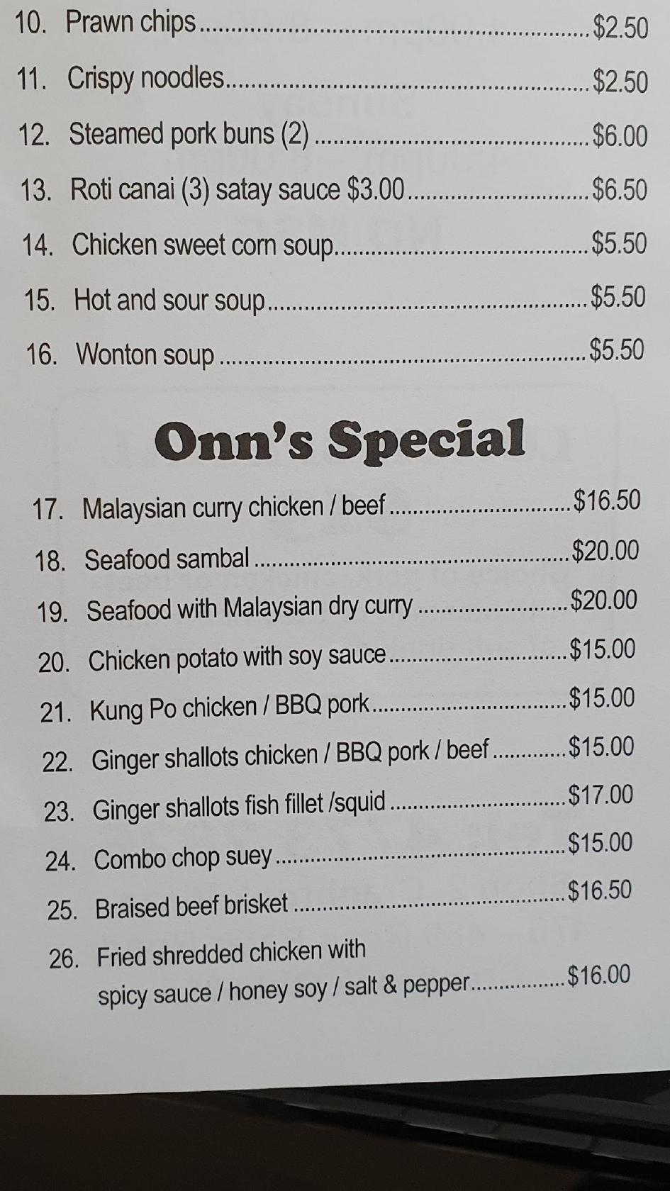 Menu at Onn's Kitchen Chinese and Malaysian takeaway restaurant, Cranbrook