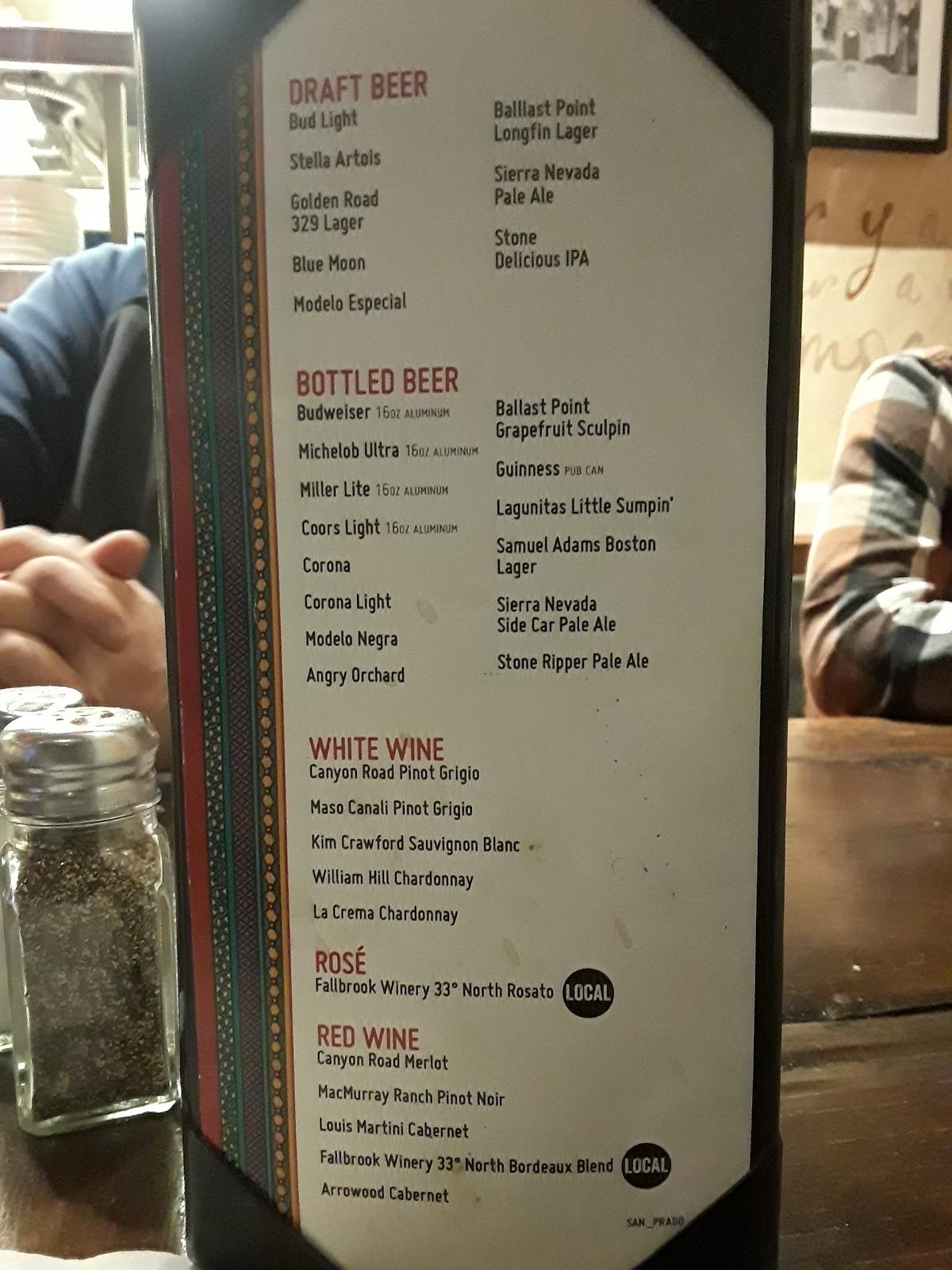Menu at Prado at the Airport pub & bar, San Diego