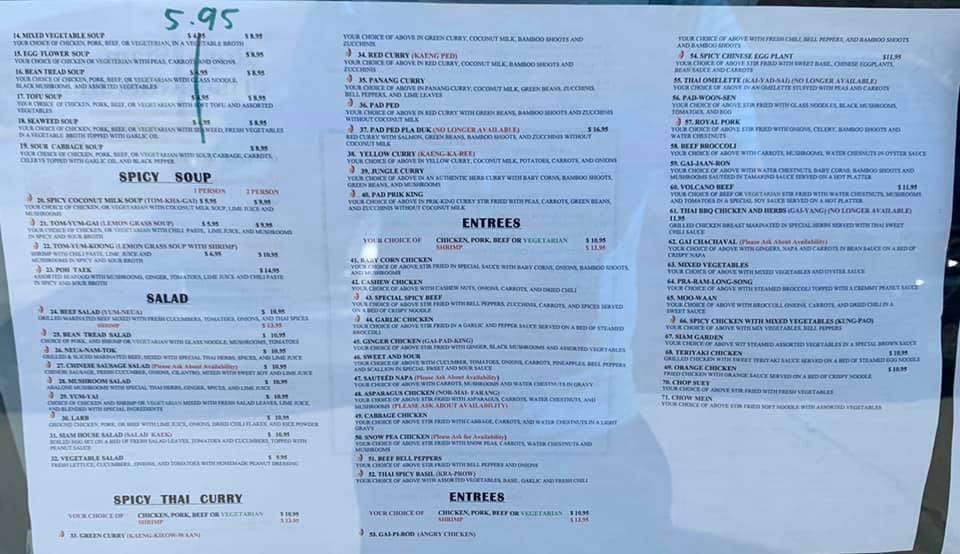 Menu at Royal Siam Cuisine Thai Restaurant, Joshua Tree