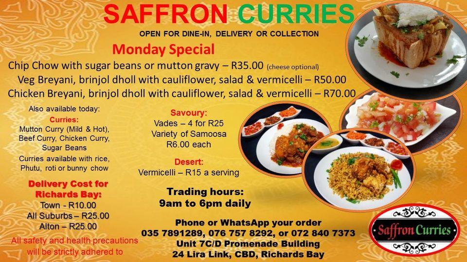Menu at Saffron Curries restaurant, Richards Bay