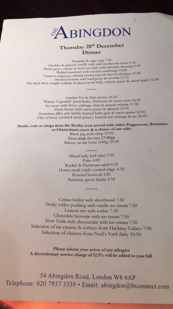 Menu at The Abingdon restaurant, London