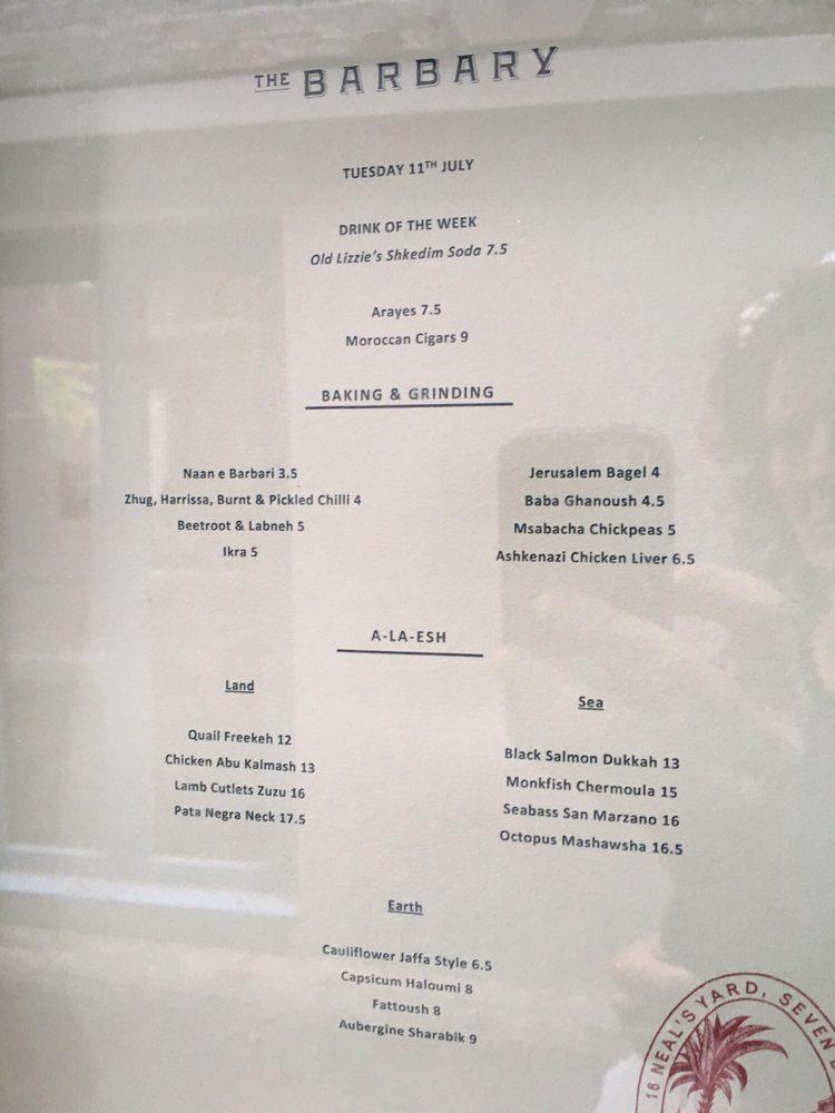 Menu at The Barbary, London