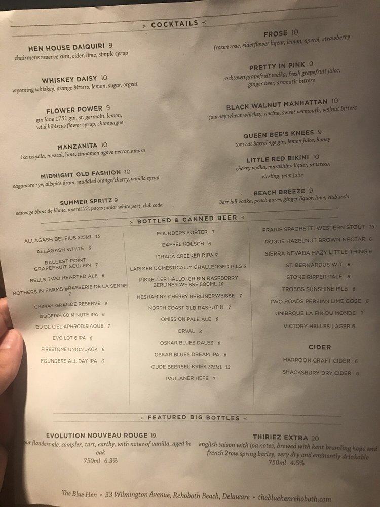 Menu at The Blue Hen pub & bar, Rehoboth Beach