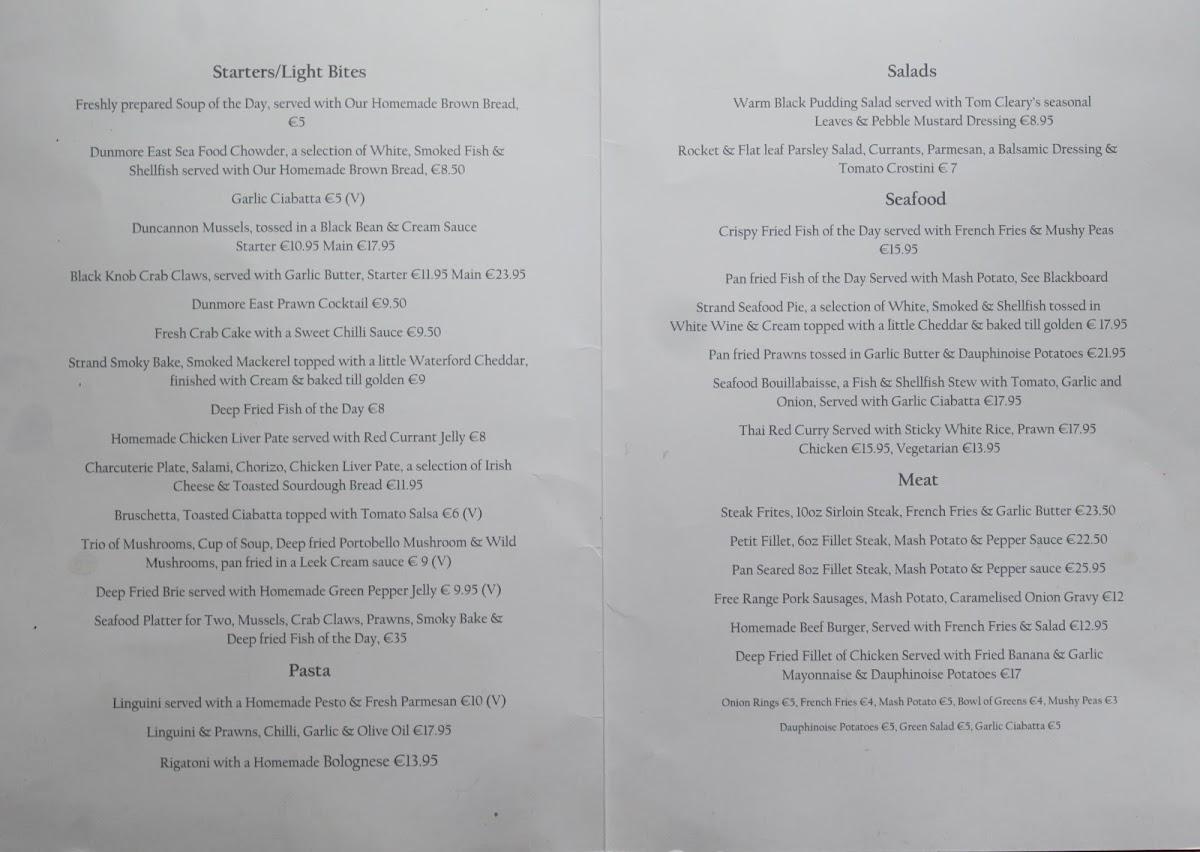 Menu at The Strand Inn pub & bar, Dunmore East