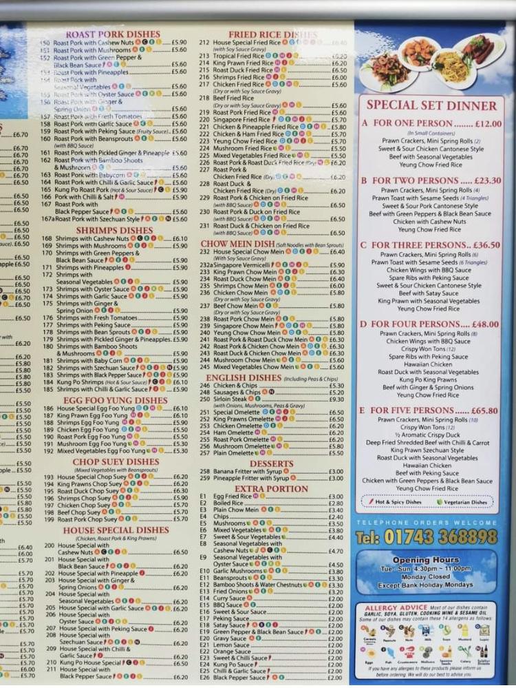 Menu at Blue Jade fast food, Shrewsbury