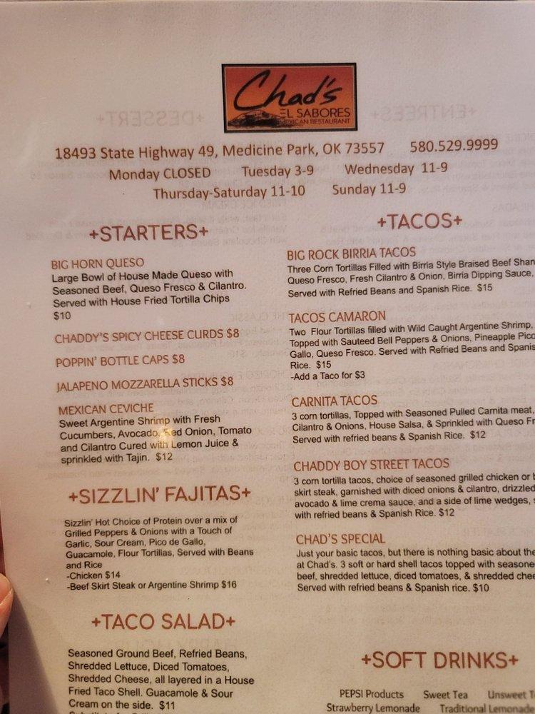 Menu at Chad's El Sabores Mexican Restaurant, Medicine Park