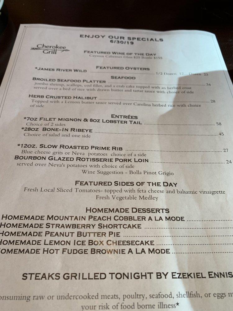 Menu at Cherokee Grill and Steakhouse, Gatlinburg