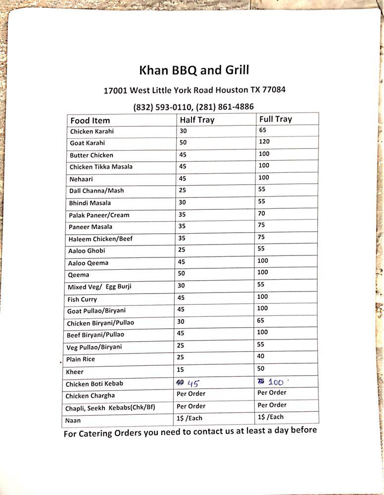 Menu at Khan BBQ & Grill, Houston, W Little York Rd