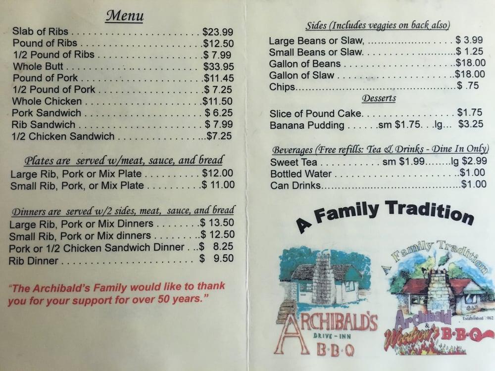 Menu at Archibald's BBQ, Northport, Martin Luther King Jr Blvd