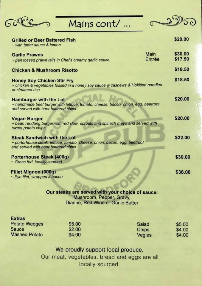 Menu at Commercial Hotel Broadford pub & bar, Broadford