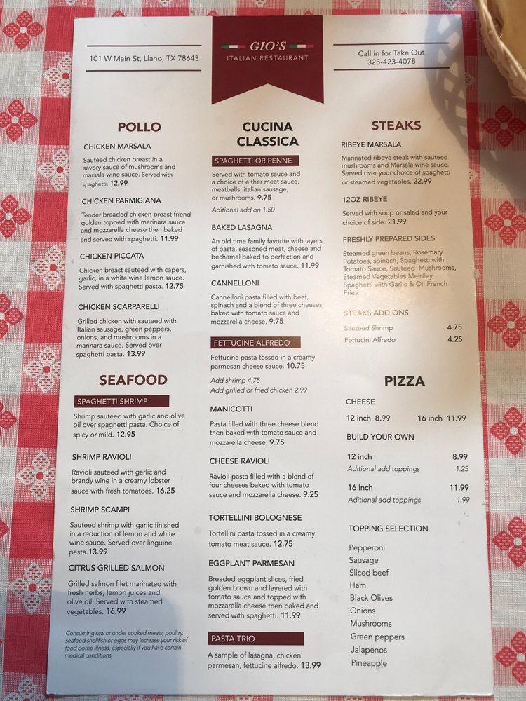 Menu at Gio's Italian Restaurant, Llano
