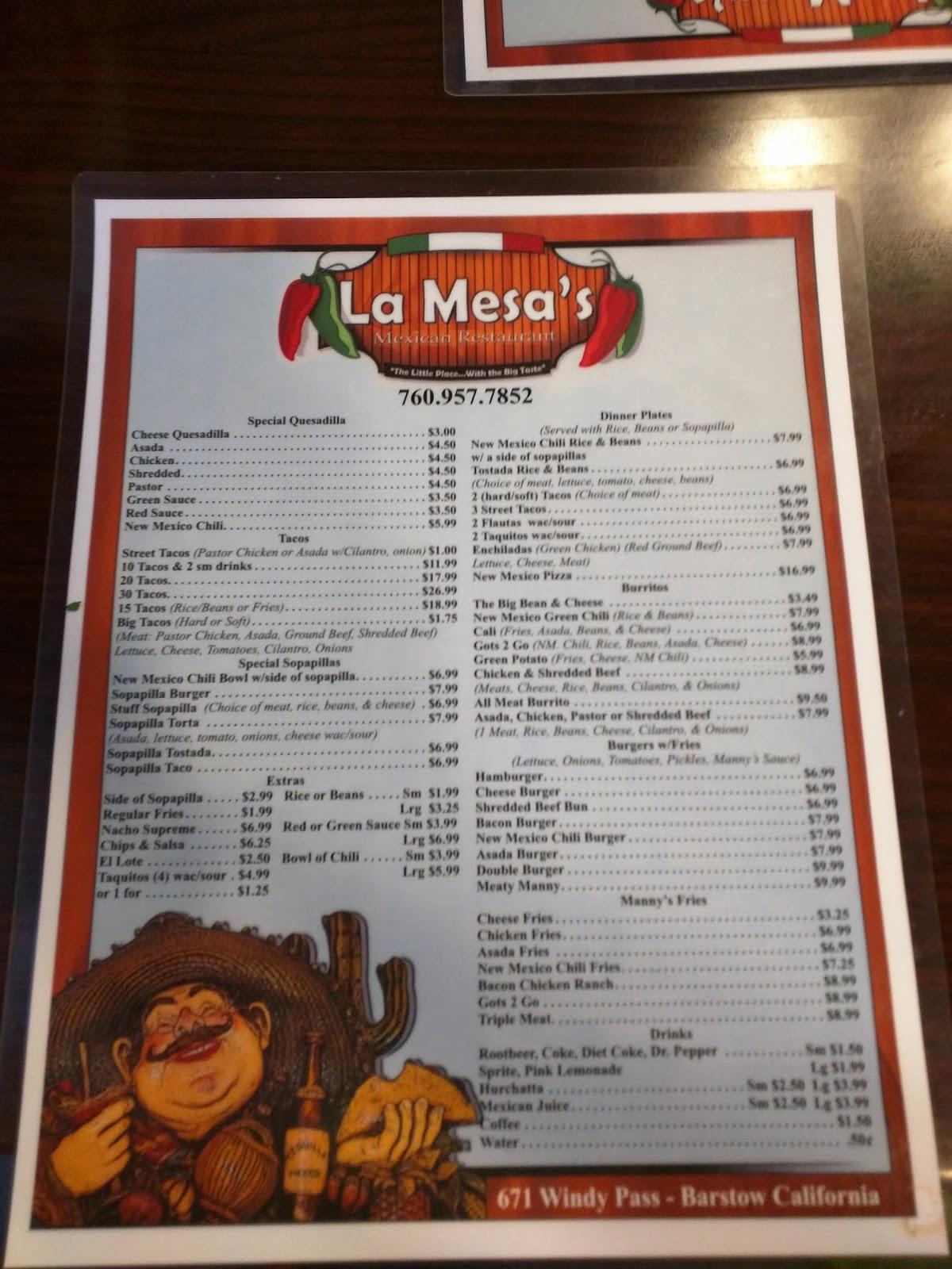 Menu at La Mesa restaurant, Barstow