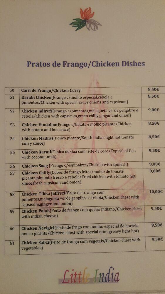 Menu at Little India restaurant, Nazaré