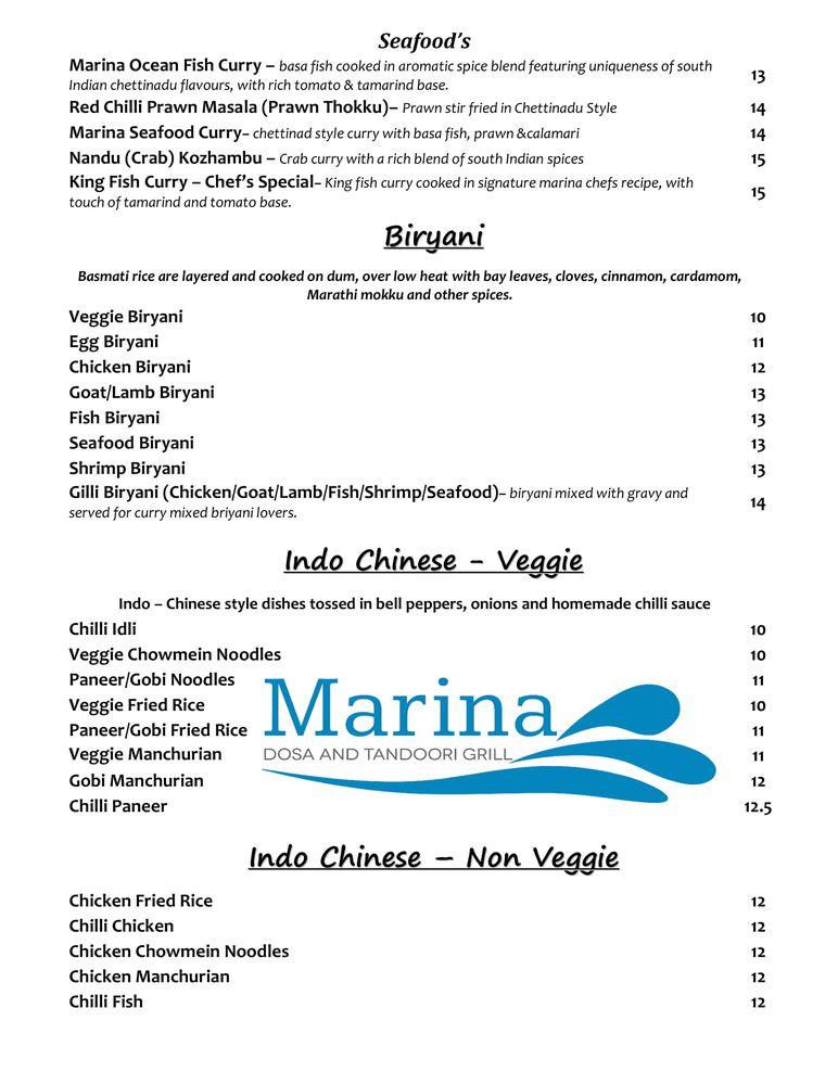 Menu au MARINA KULCHA & DOSA & WRAPS restaurant, Calgary