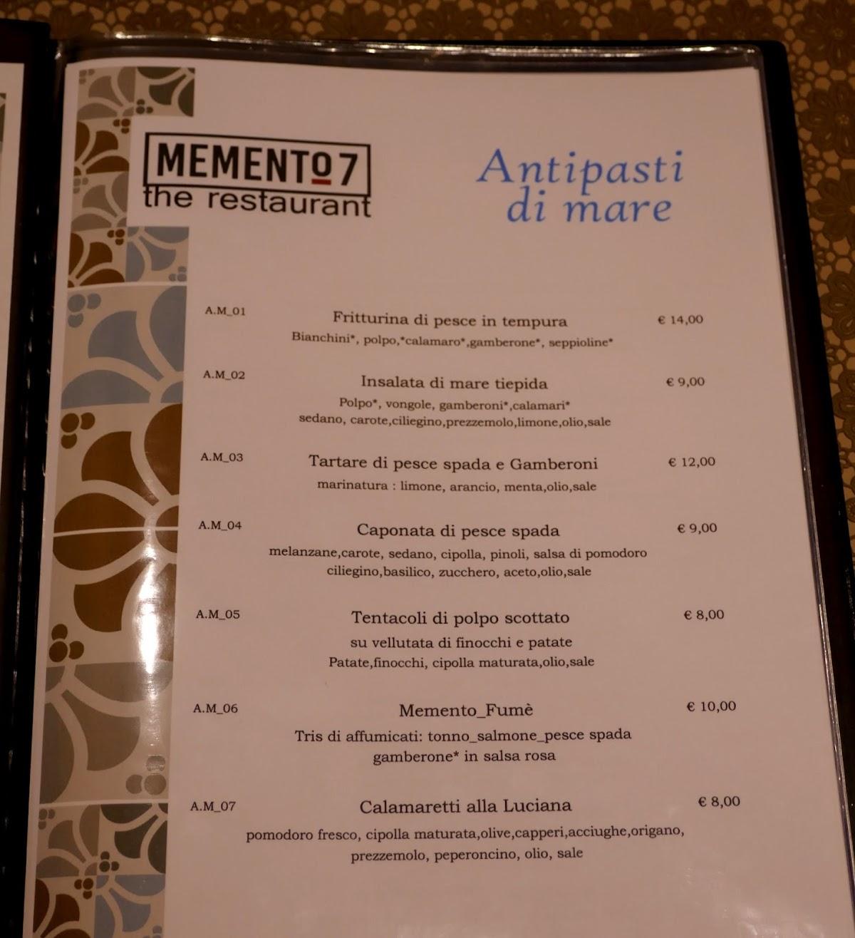 Menu at Memento7 restaurant, Floridia
