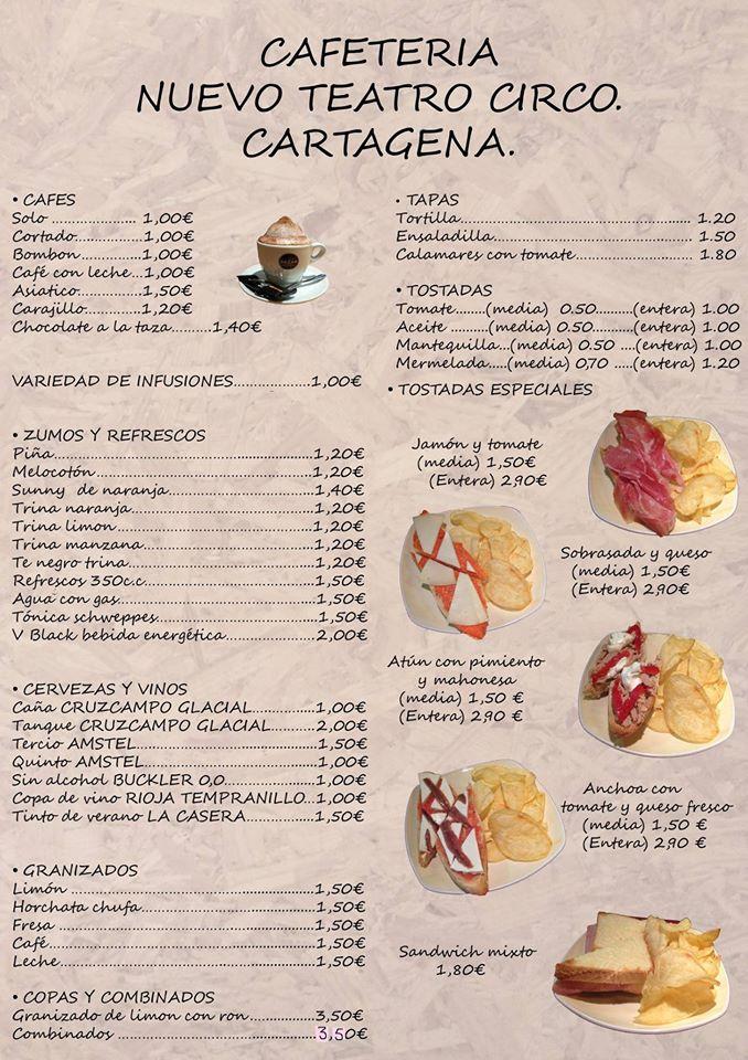 Menu at Nuevo Teatro Circo Cafeteria, Cartagena