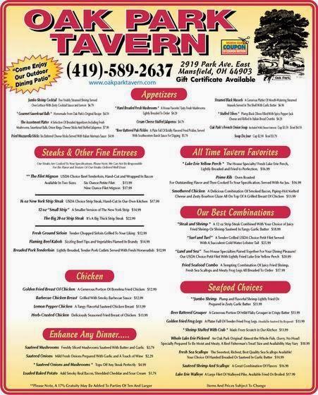 Menu at Oak Park Tavern steakhouse, Mansfield