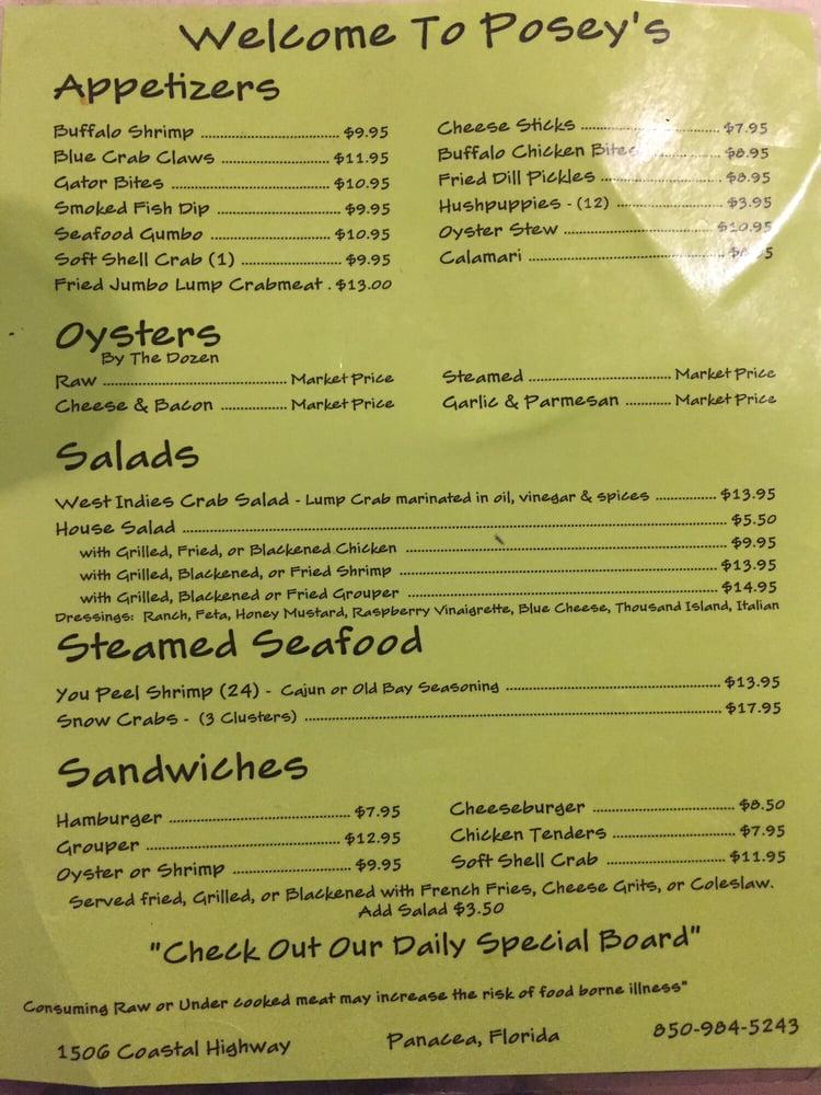 Menu at Posey's Up the Creek Steam Room restaurant, Panacea