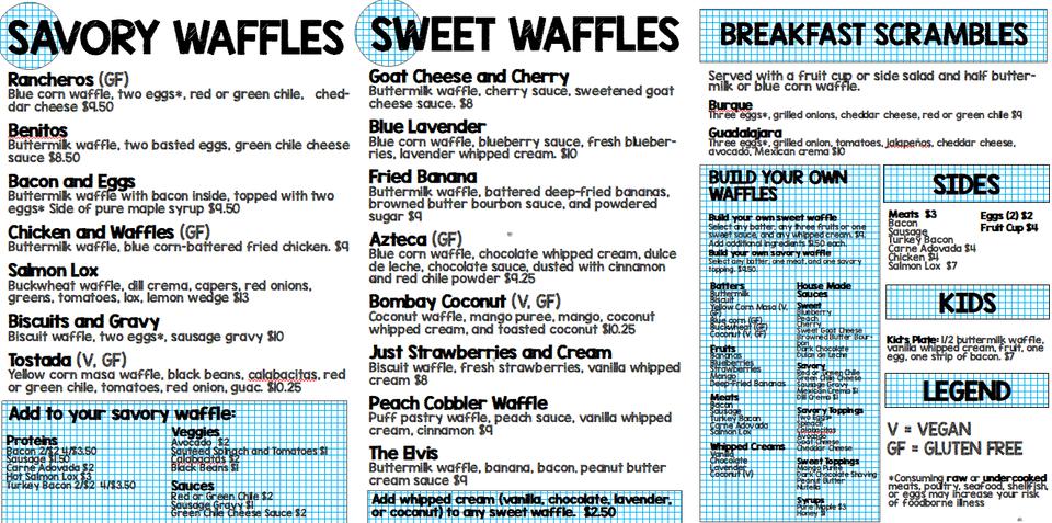 Menu at Tia B's La Waffleria cafe, Albuquerque