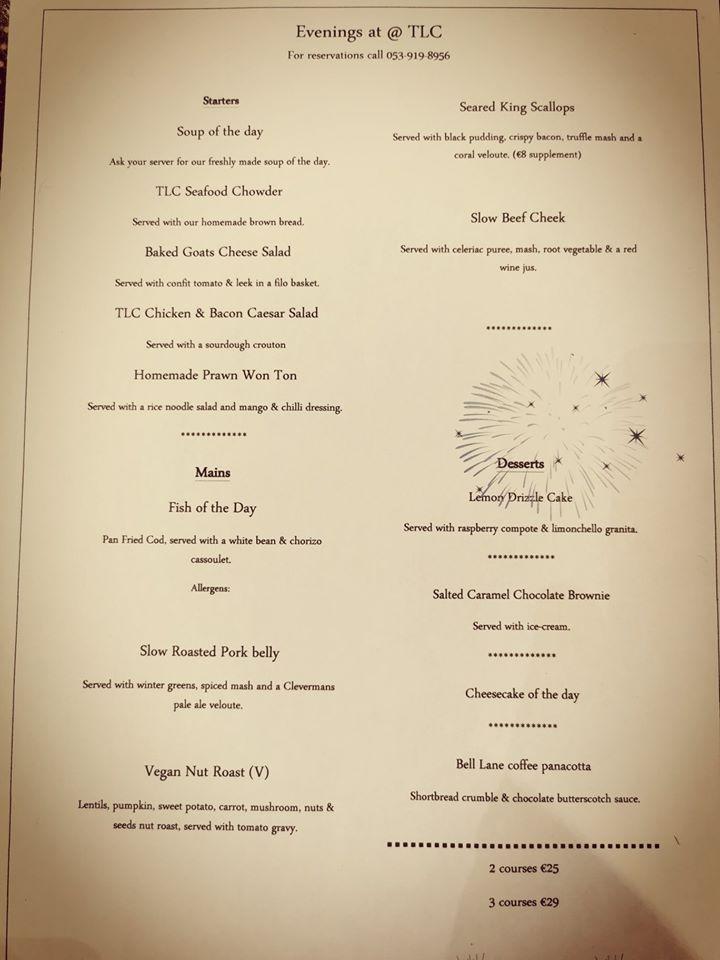 Menu at Trimmers Lane Cafe, Wexford