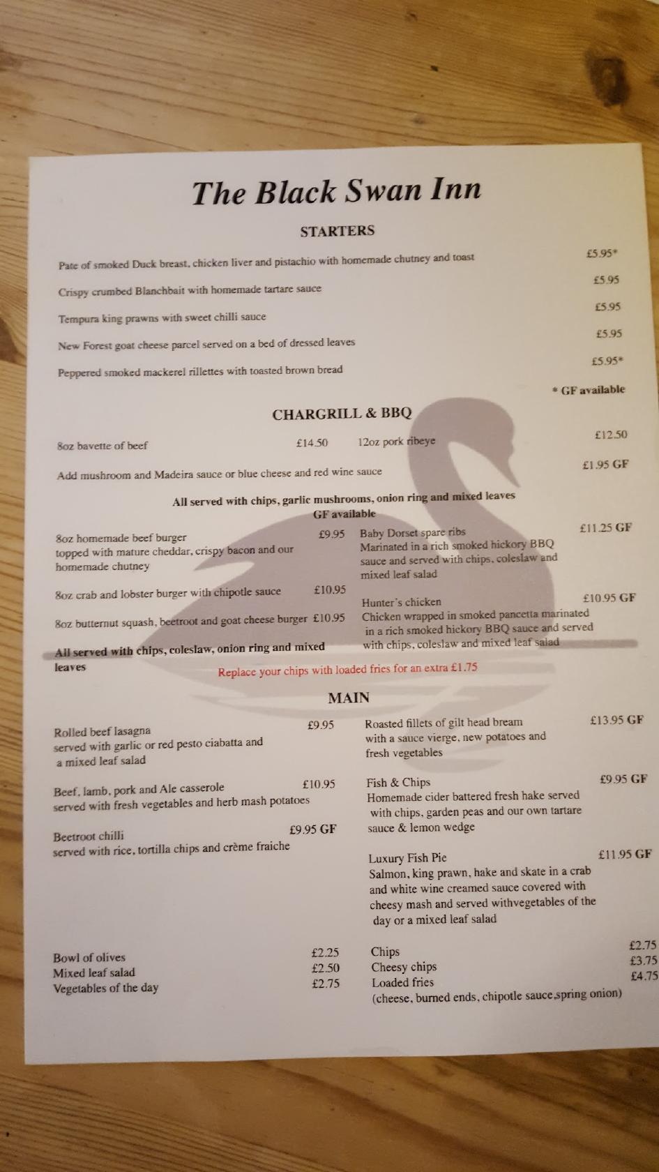 Menu at Black Swan Inn pub & bar, Swanage