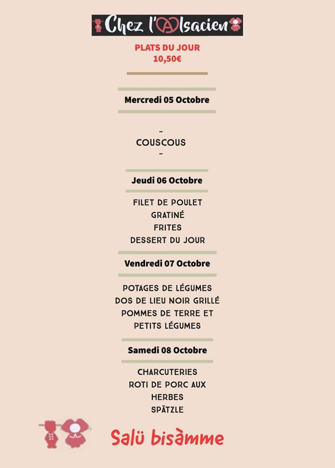 Menu au Chez l'Alsacien restaurant, Lommerange