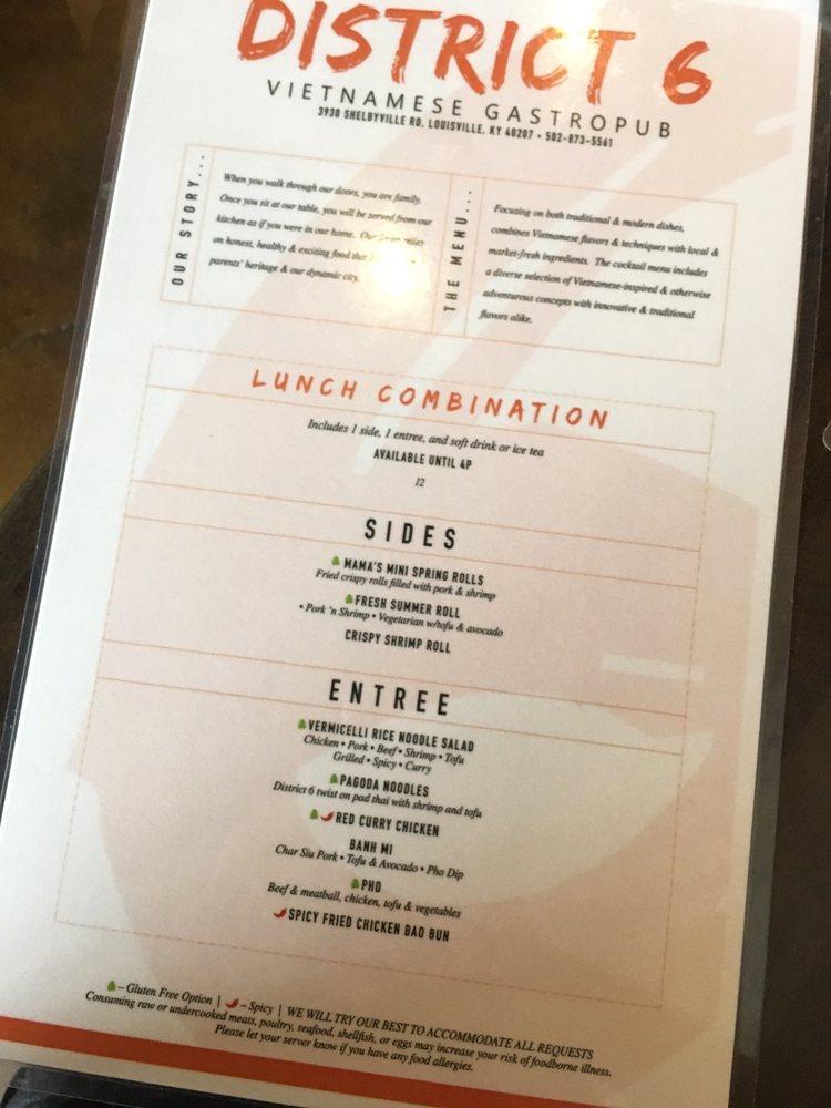 Menu at District 6 restaurant, Louisville