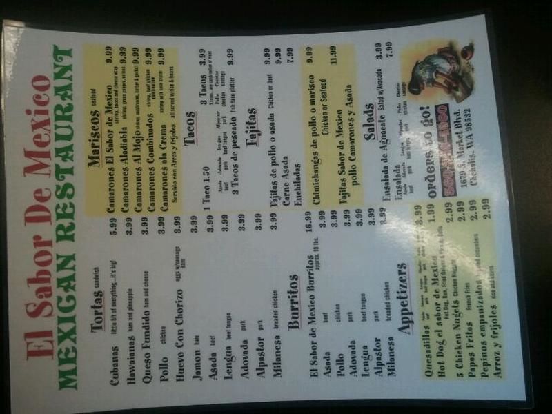 Menu at El Sabor De Mexico restaurant, Chehalis