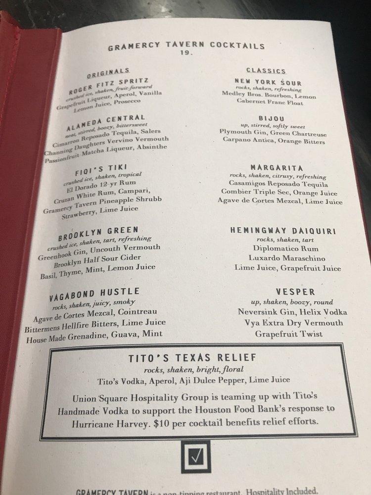 Menu at Gramercy Tavern pub & bar, New York City, 42 E 20th St