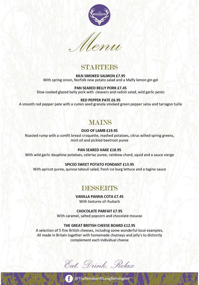Menu at The Reindeer at Long Bennington pub & bar, Long Bennington