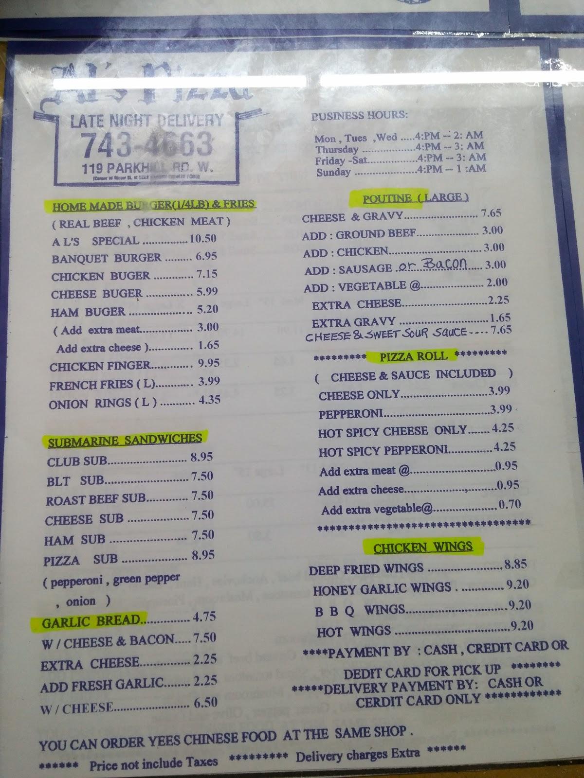 Menu at Al's Pizza pizzeria, Peterborough