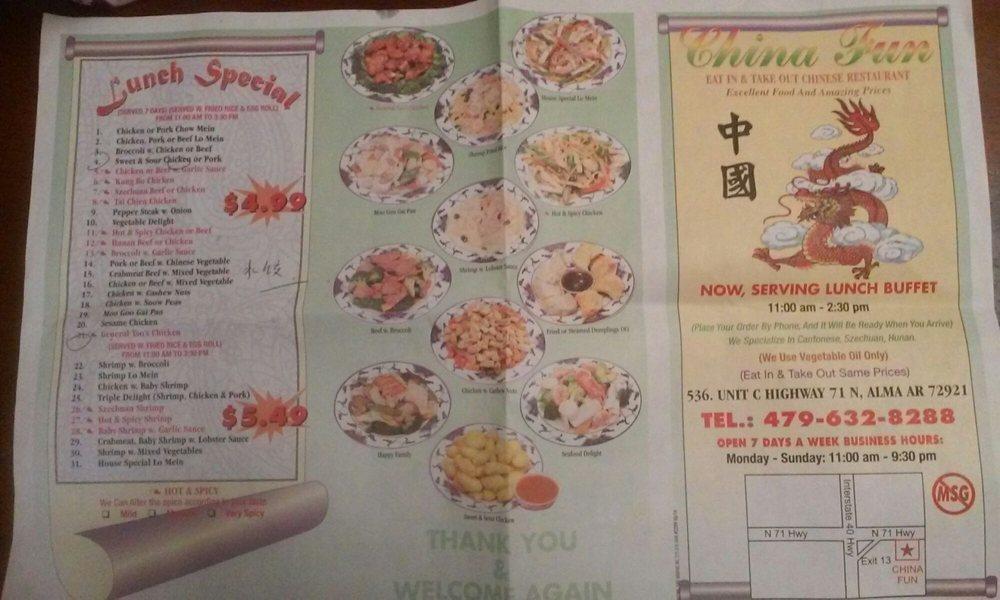 Menu at China Fun restaurant, Alma, 536 U. S. Hwy 71