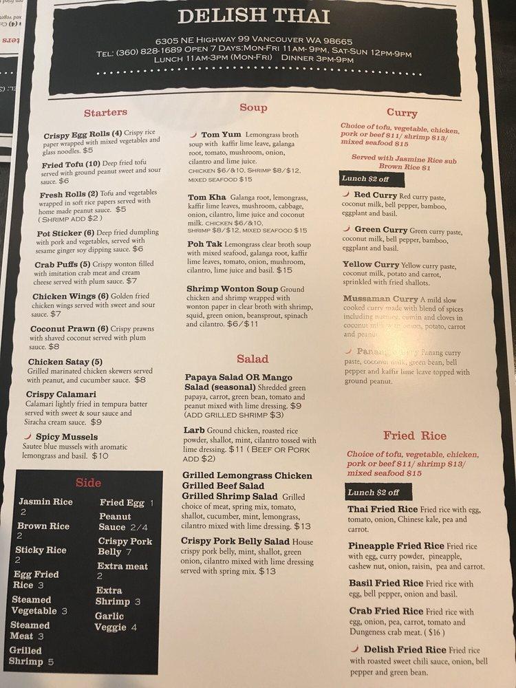 Menu at Delish Thai restaurant, Vancouver