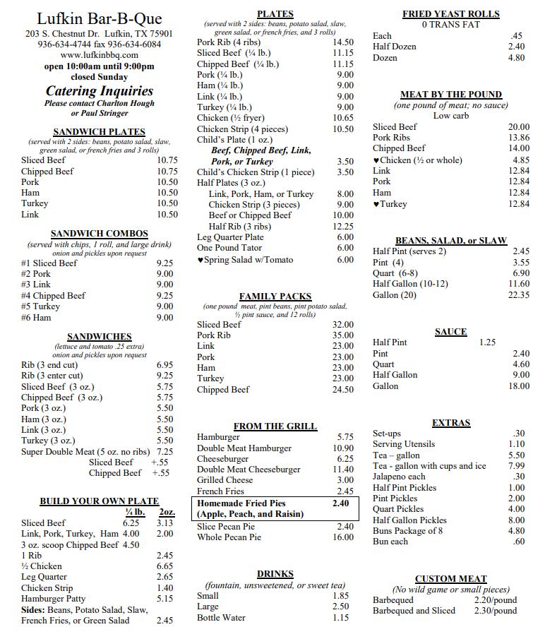Menu at Stringer's Lufkin Bar B Q, Lufkin