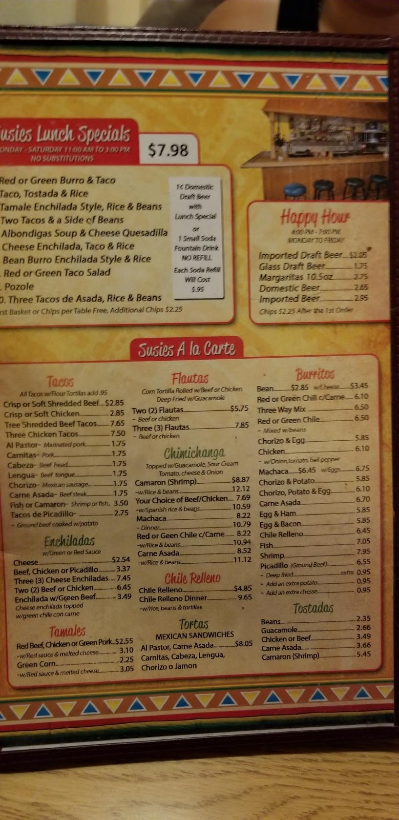 Menu at Susie's Mexican Cafe and Lounge, Tempe, E University Dr