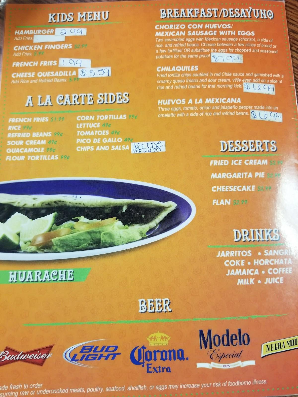 Menu at Taqueria Flores restaurant, Fort Wayne, E Paulding Rd