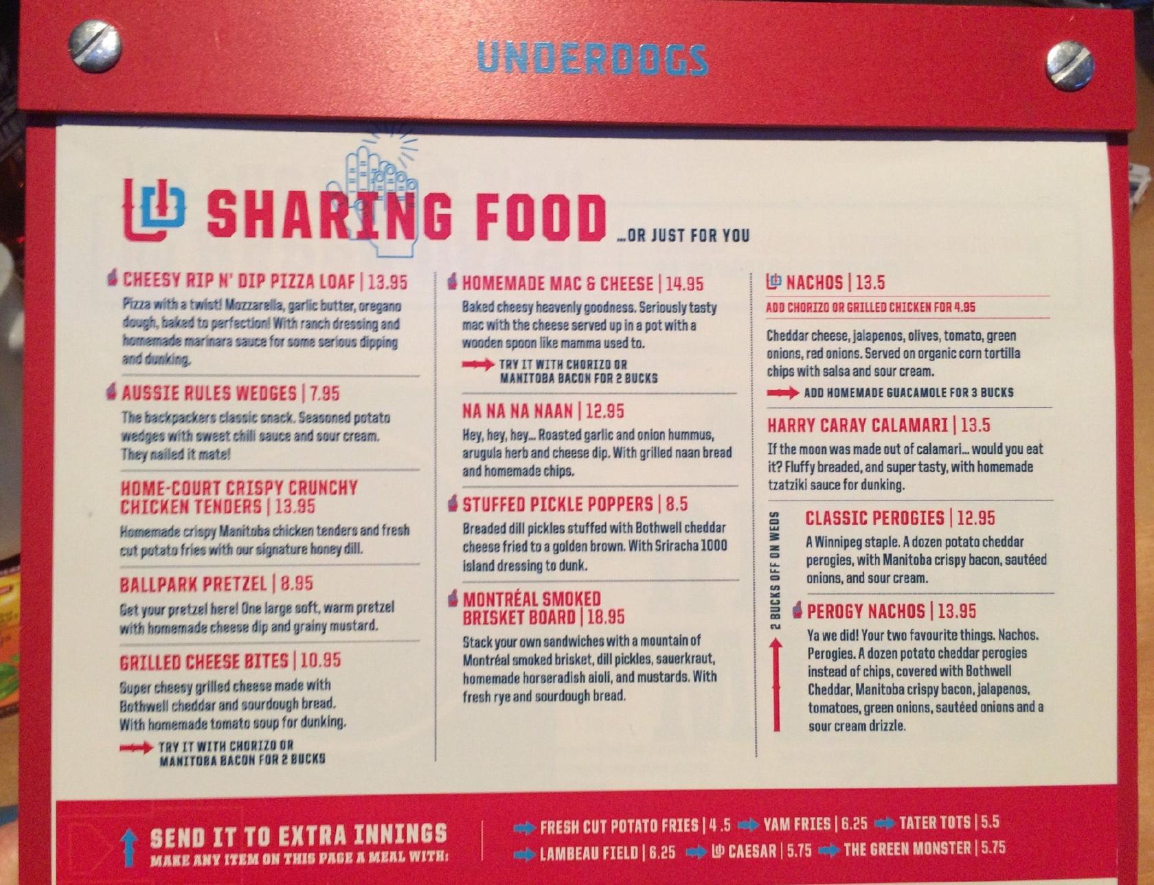 Menu at Underdogs pub & bar, Winnipeg