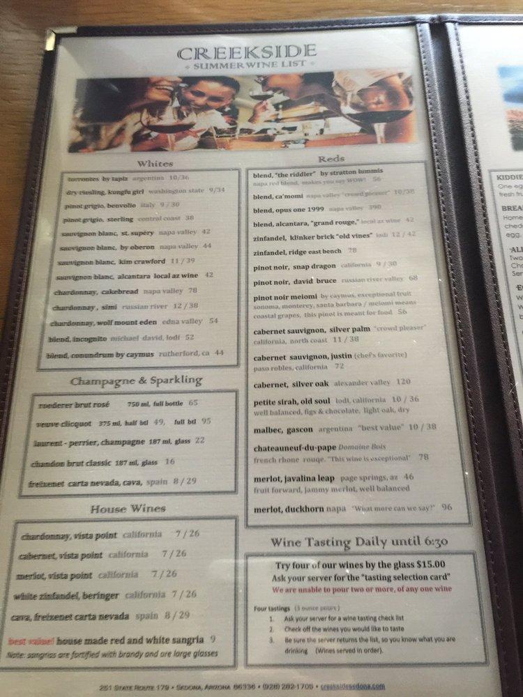 Menu at Creekside American Bistro pub & bar, Sedona, 251 AZ-179